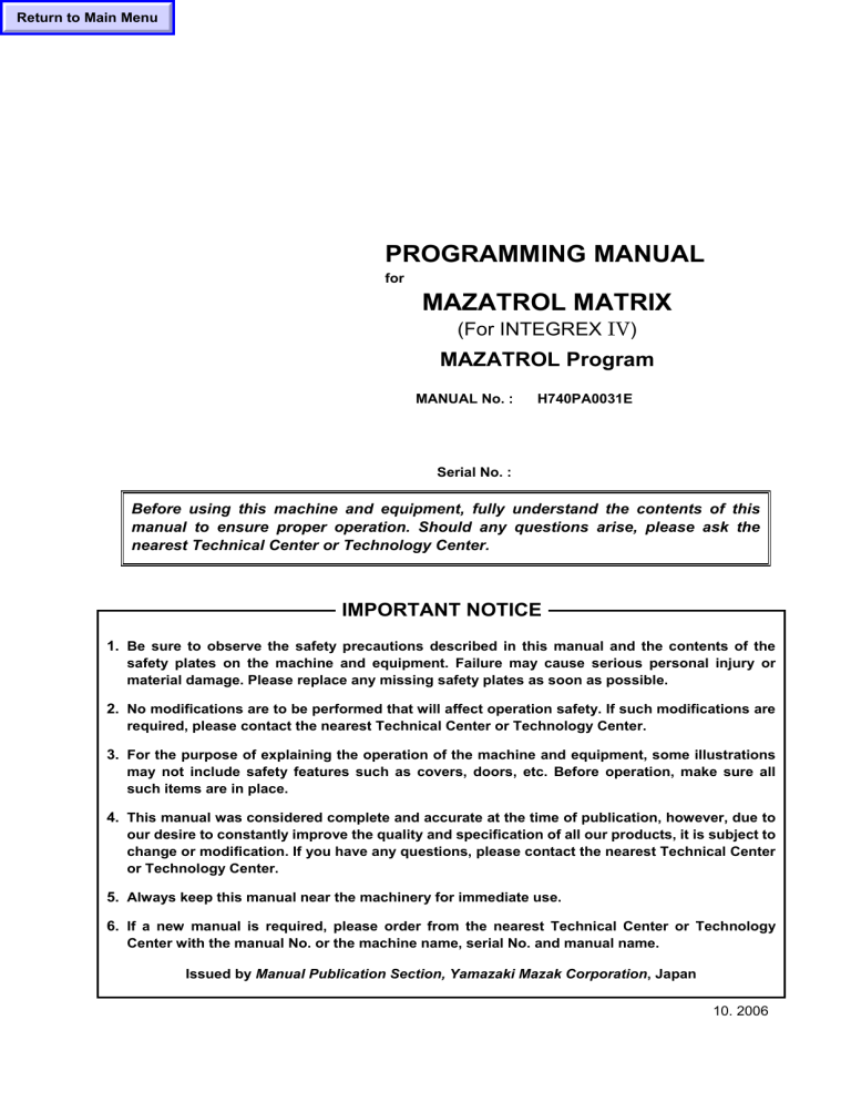 Mazatrol Matrix Programming Manual for INTEGREX IV