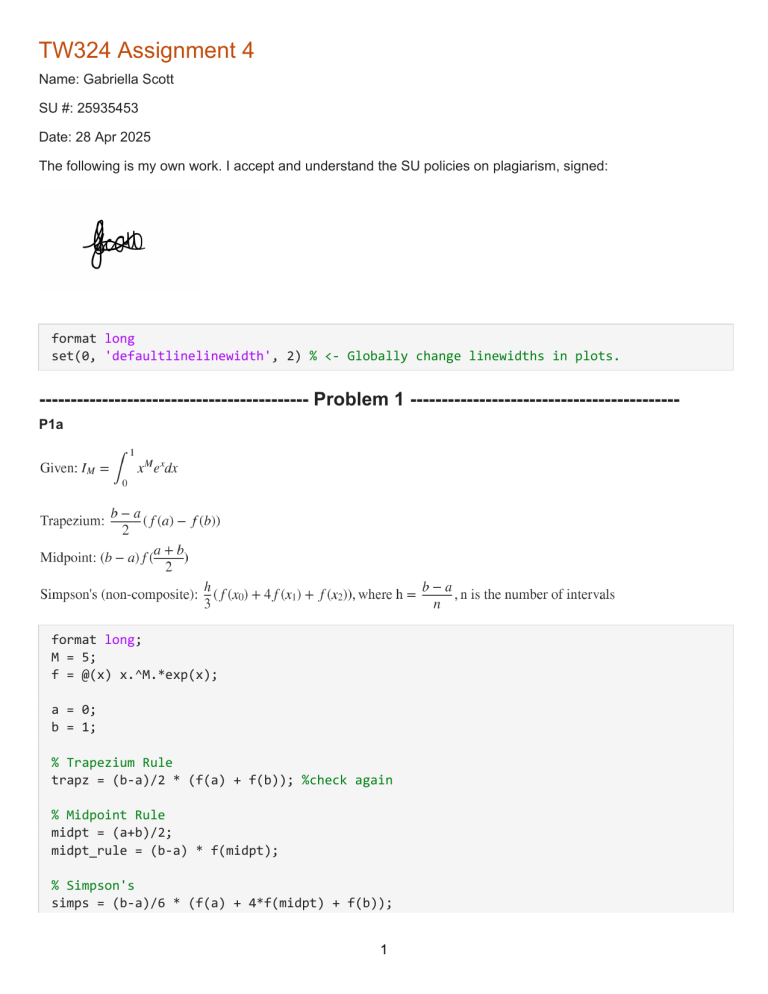 TW324 Assignment 4: Numerical Integration Methods