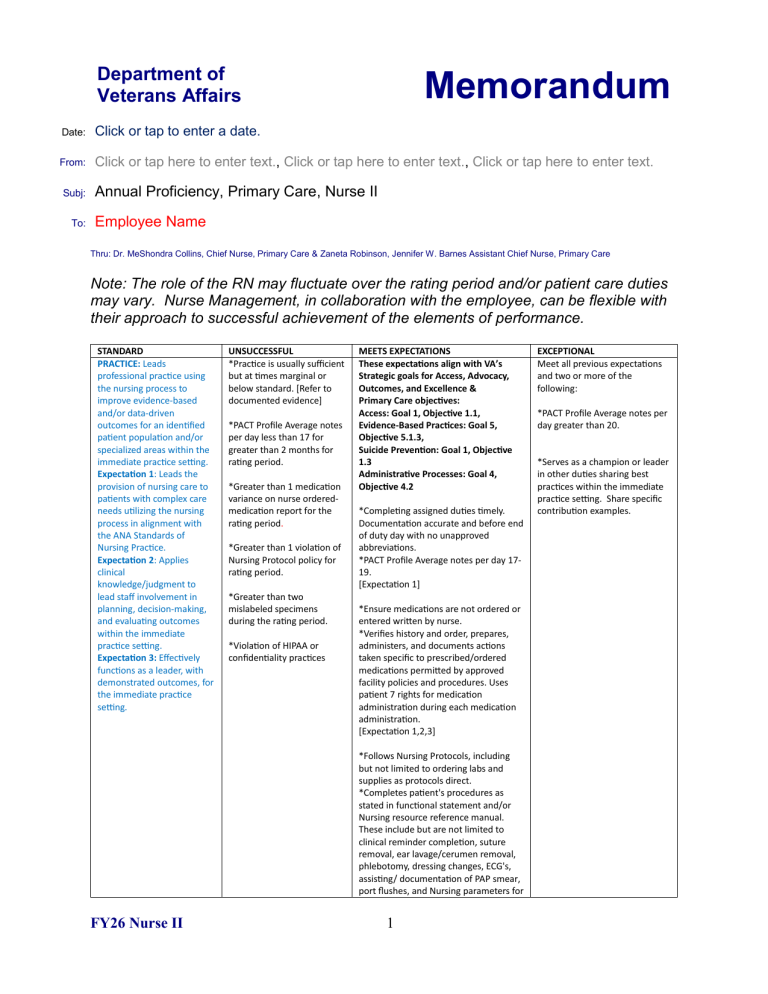 VA Nurse II Annual Proficiency Evaluation