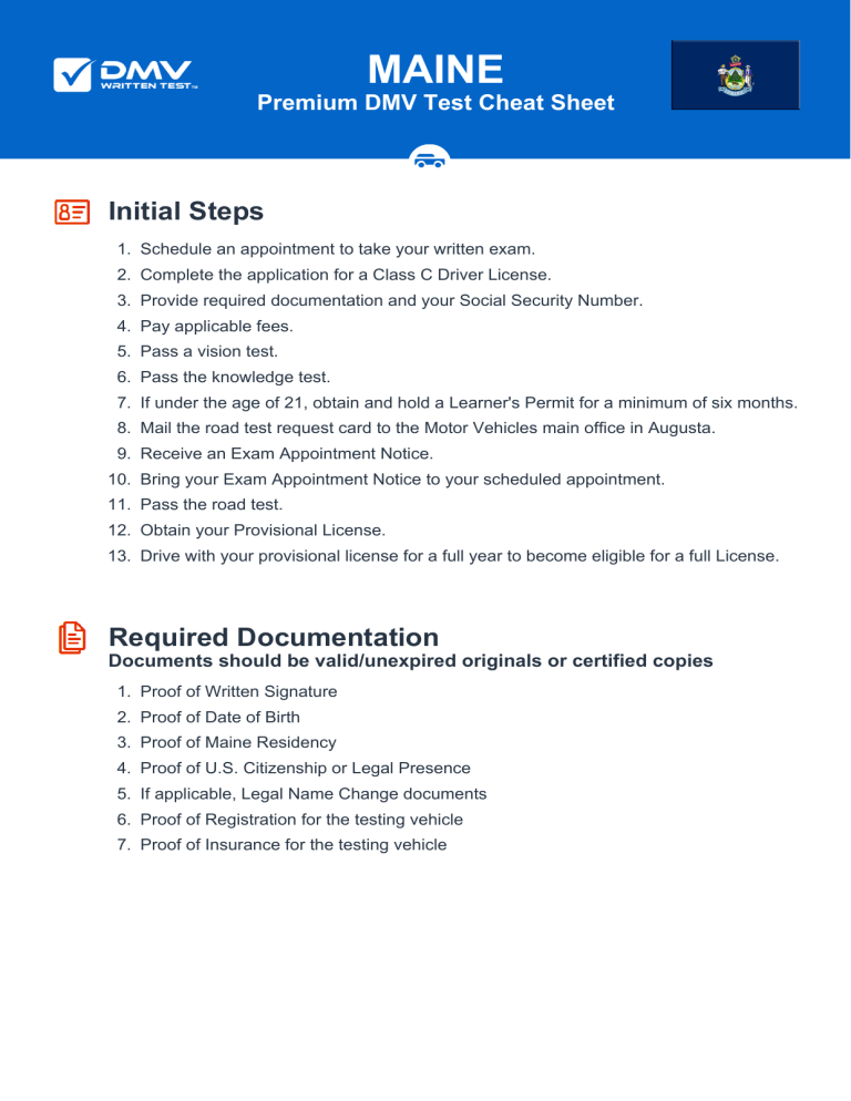 Maine DMV Test Cheat Sheet: 150 Questions & Answers