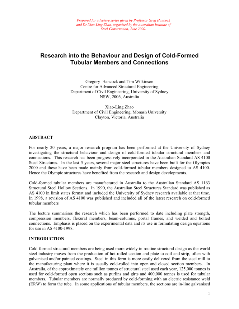 Research on Cold-Formed Tubular Members & Connections for AS 4100