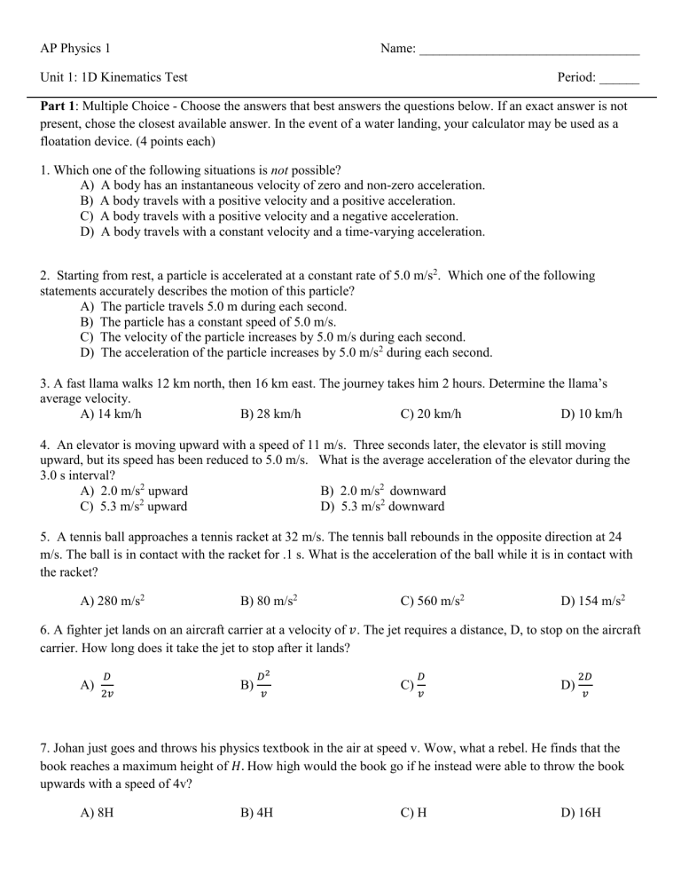 AP Physics 1 Unit 1: 1D Kinematics Test