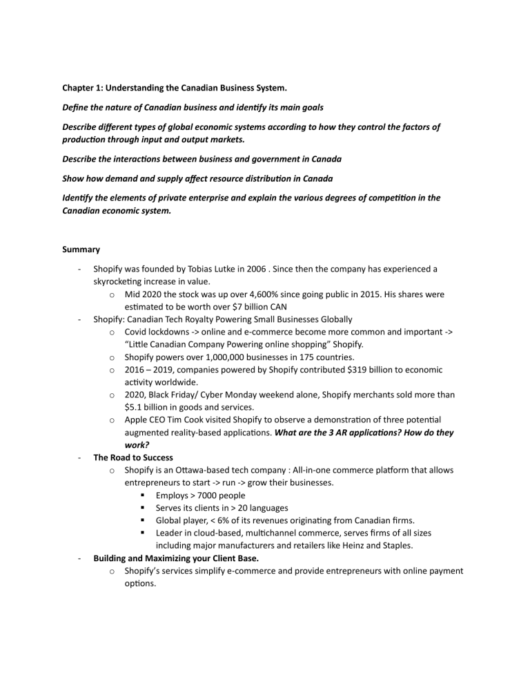 Chapter 1: Understanding the Canadian Business System