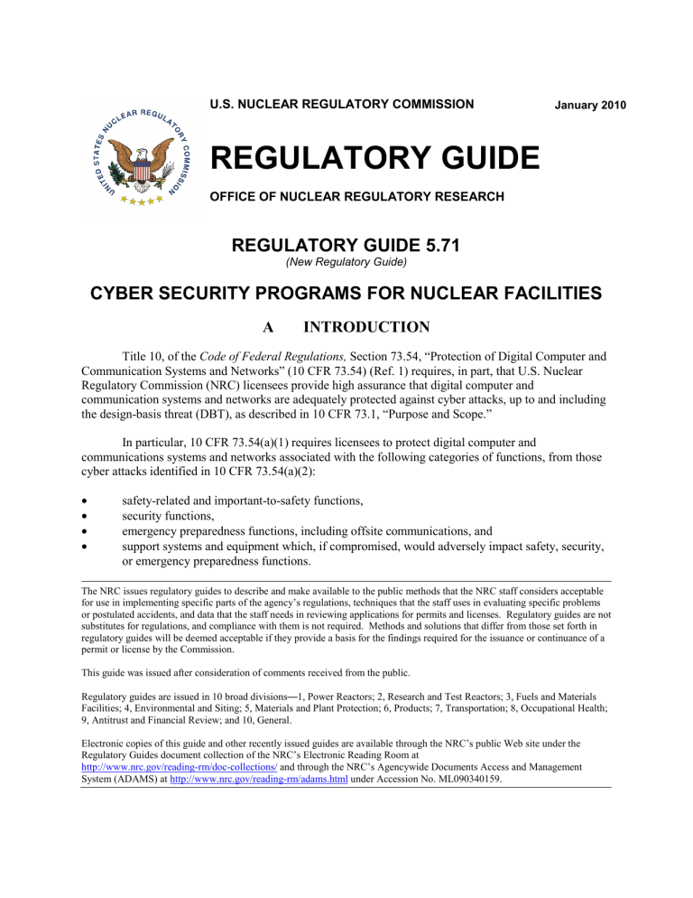 NRC Regulatory Guide 5.71: Cyber Security for Nuclear Facilities
