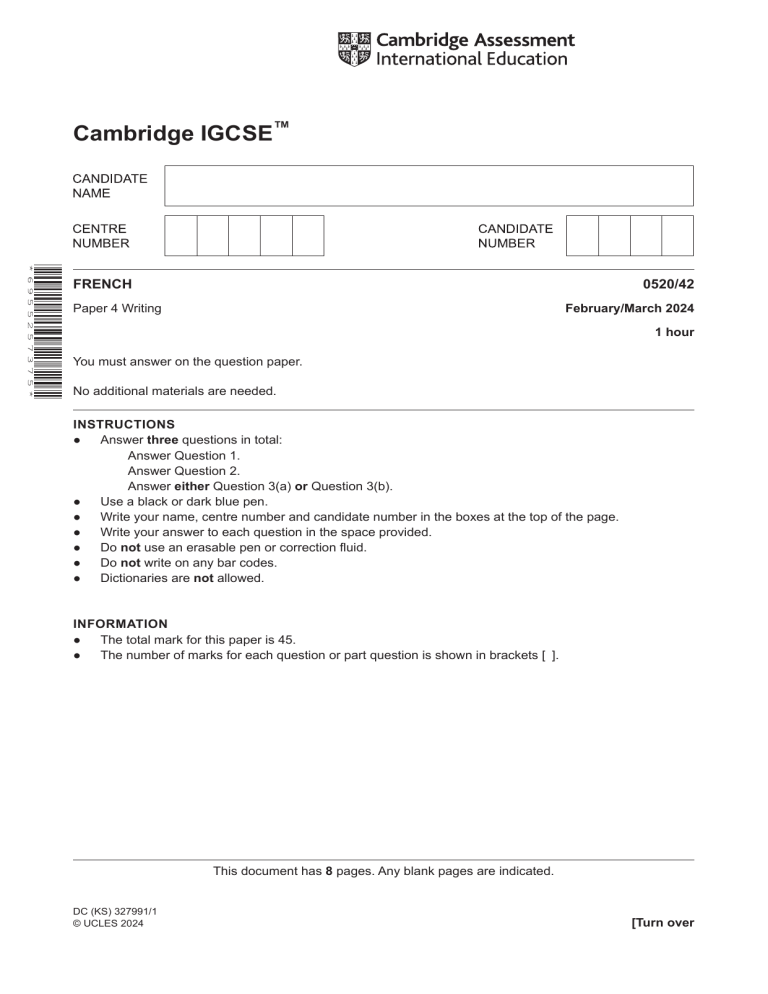 Cambridge IGCSE French Paper 4 Writing Exam 2024