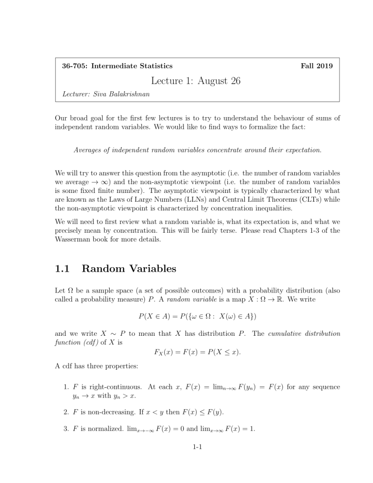 36-705 Intermediate Statistics Lecture 1: Random Variables