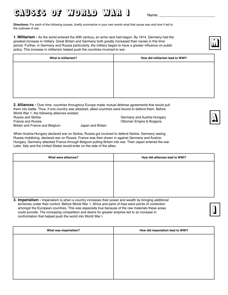 Causes of World War I Worksheet