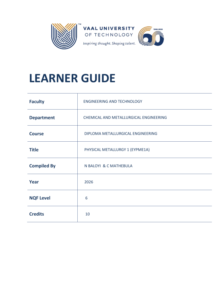VUT Physical Metallurgy 1 Learner Guide 2026