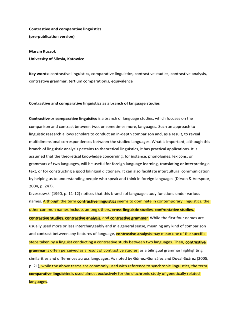 Contrastive and Comparative Linguistics: An Academic Overview