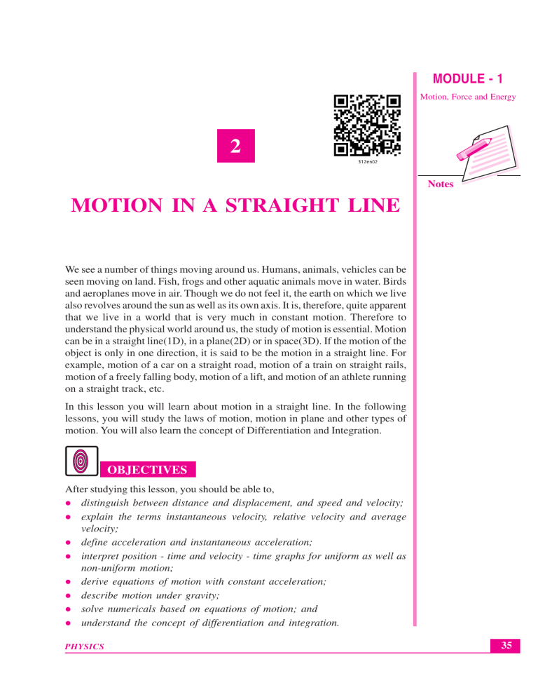 Motion in a Straight Line: Physics Notes