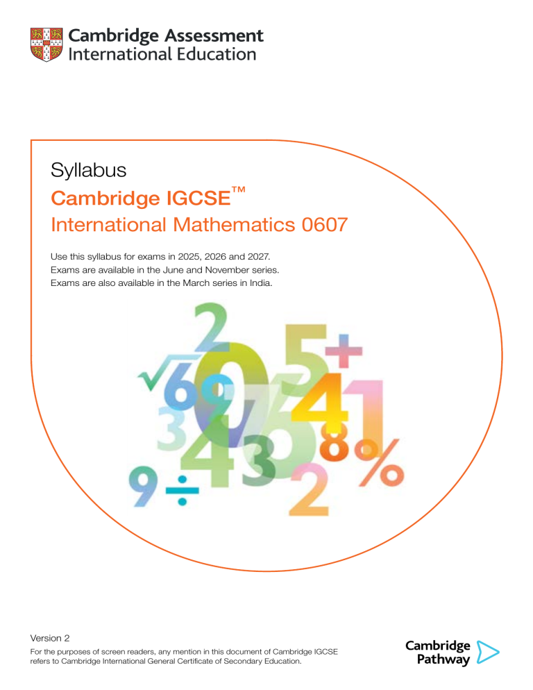 Cambridge IGCSE International Mathematics 0607 Syllabus 2025-2027