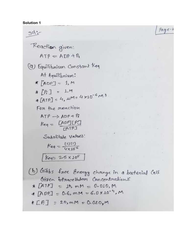 Biochemistry Solutions: ATP Hydrolysis Equilibrium & Gibbs Free Energy