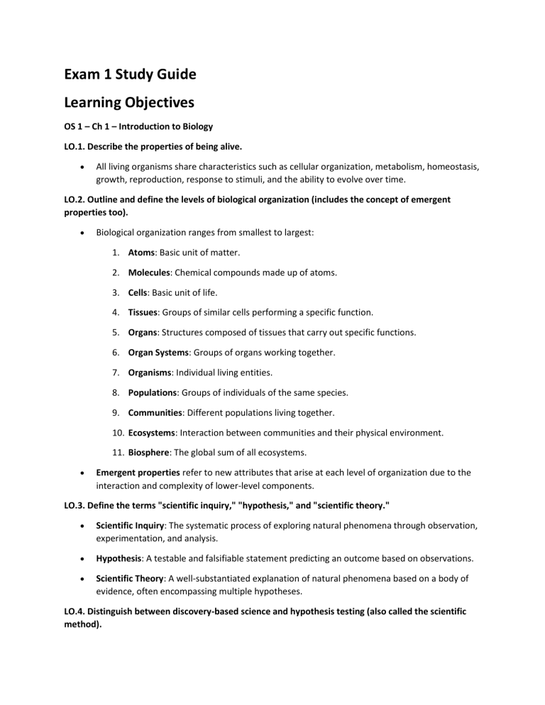 Exam 1 Study Guide: Biology Learning Objectives