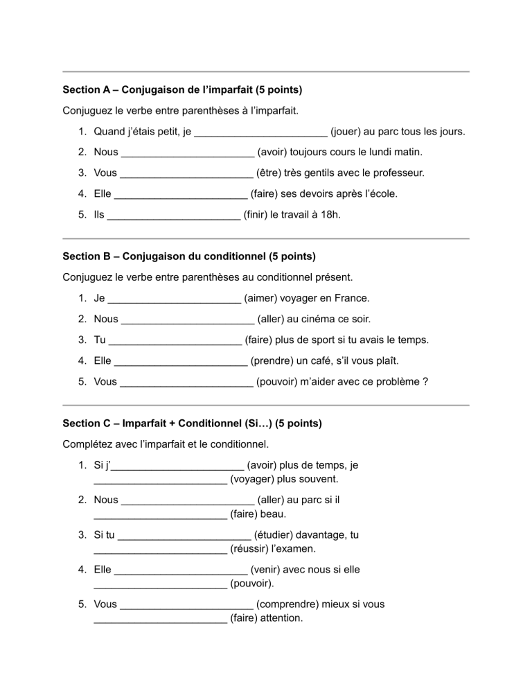 Exercices de grammaire française : imparfait, conditionnel, pronoms ...