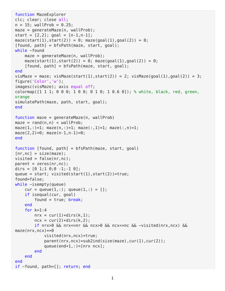 MATLAB Maze Explorer: BFS Pathfinding Script