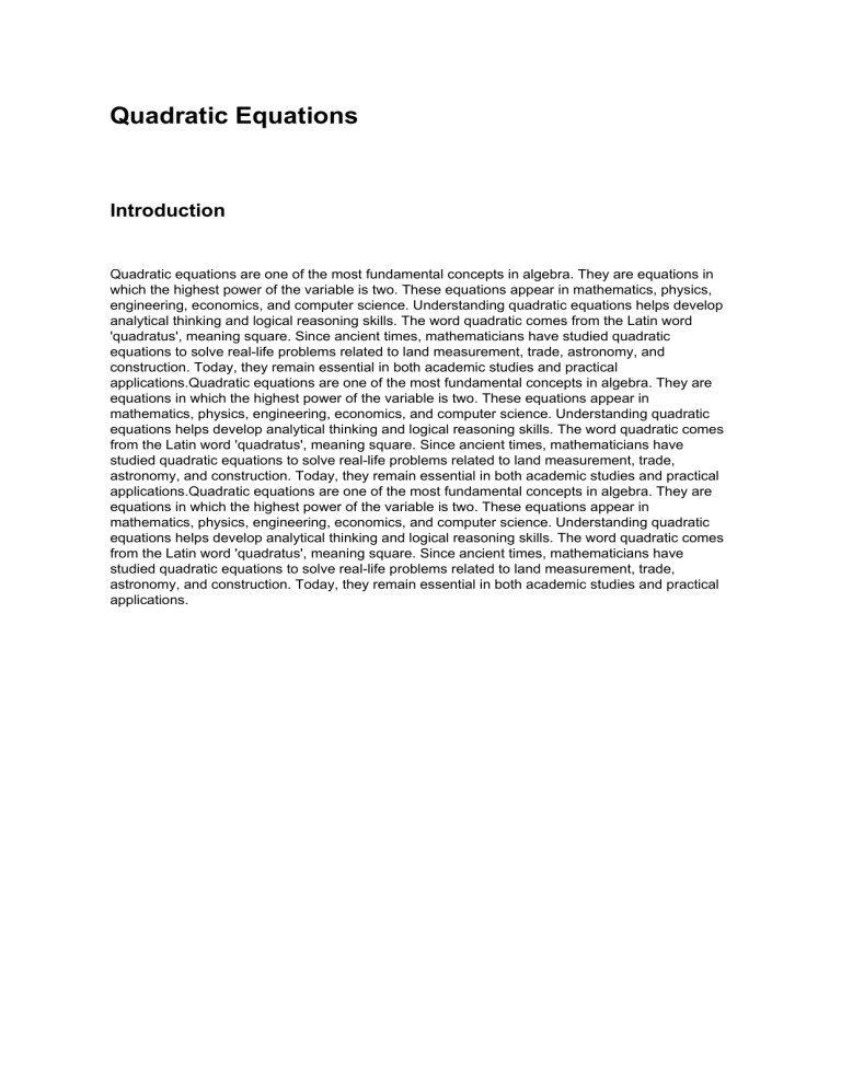 Quadratic Equations Textbook