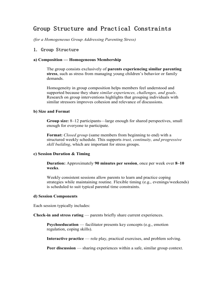 Parenting Stress Group Structure & Constraints