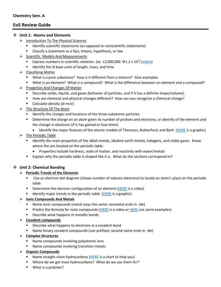 Chemistry Semester A Review Guide