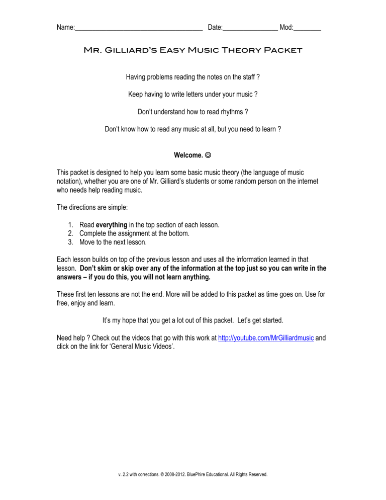 Easy Music Theory Packet