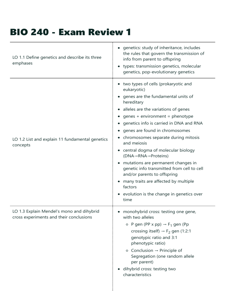 BIO 240 Exam Review 1: Genetics Study Guide