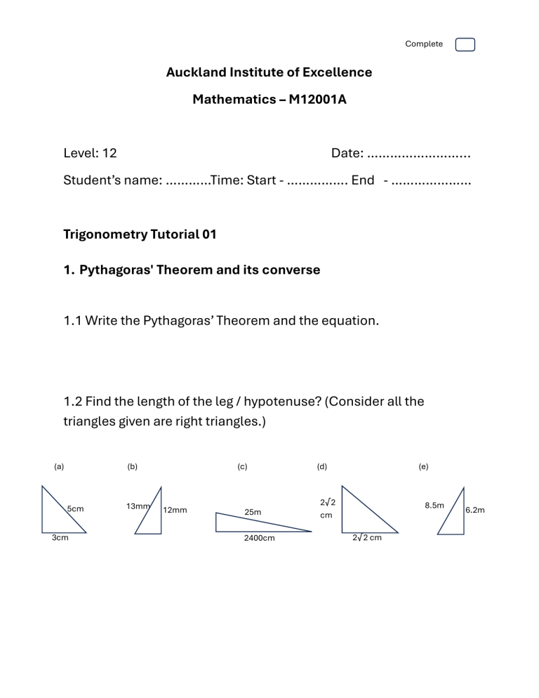 Trigonometry Tutorial 01 - Pythagoras & Ratios