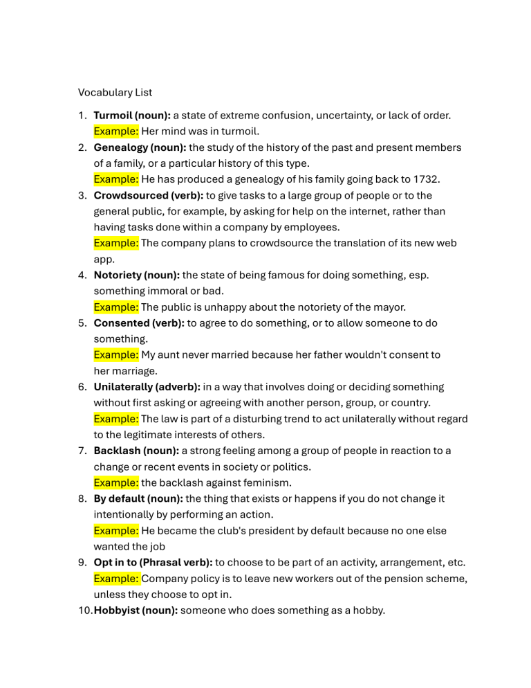 English Vocabulary List with Definitions and Examples