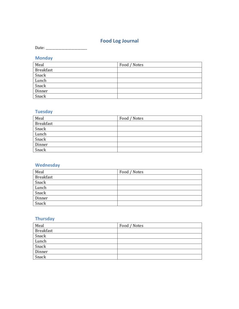 Weekly Food Log Journal Template