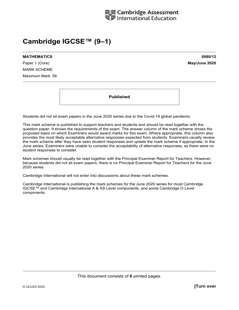 Cambridge IGCSE Maths 0980/12 Mark Scheme 2020