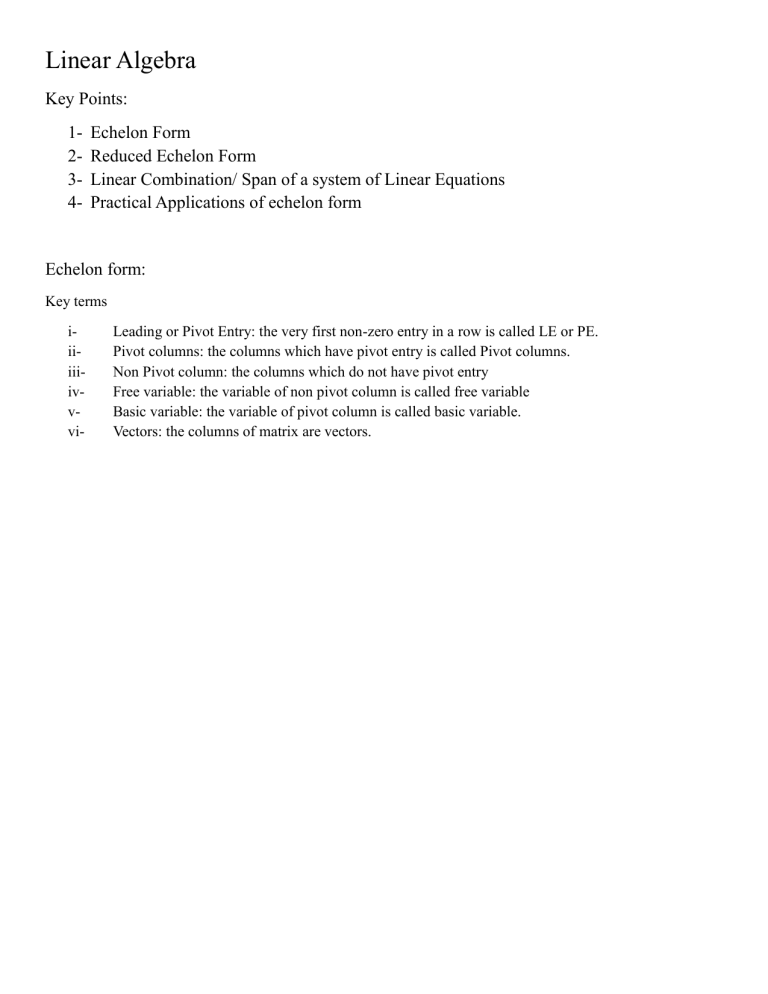 Linear Algebra: Echelon Form Key Terms