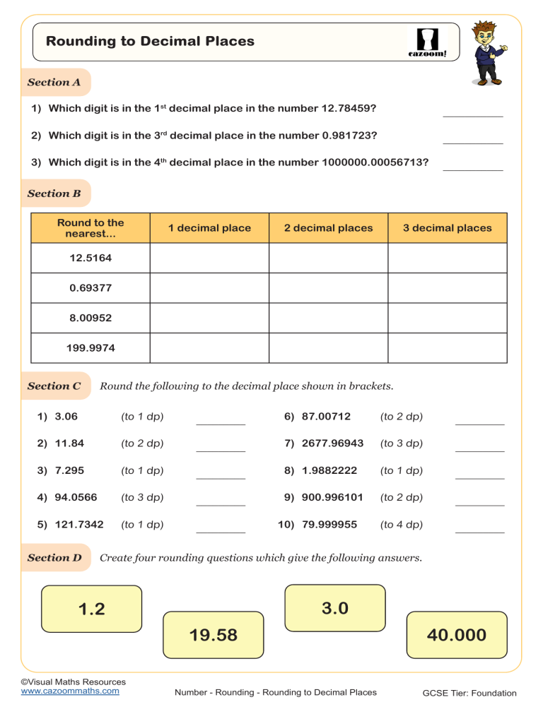 Rounding to Decimal Places Worksheet