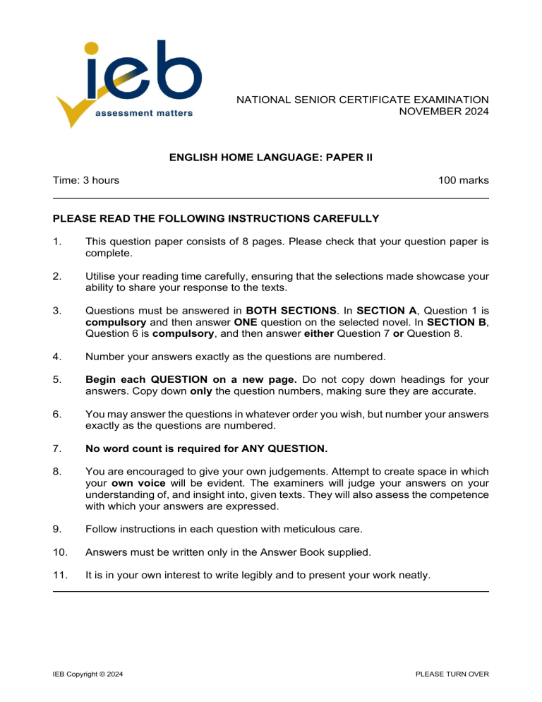 IEB English Home Language Paper II Exam 2024