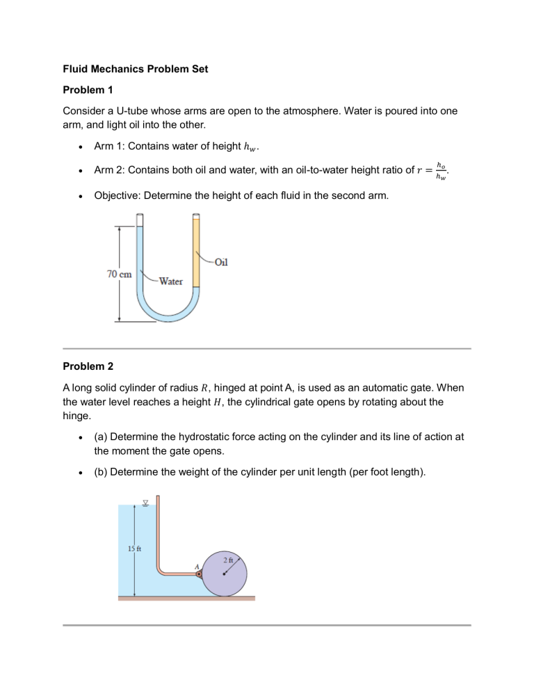 Fluid Mechanics Problem Set: U-Tube, Gates, Hydrometers