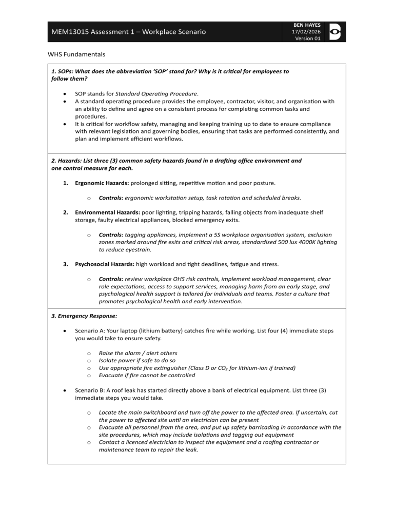 MEM13015 Assessment 1: Workplace Scenario WHS Fundamentals