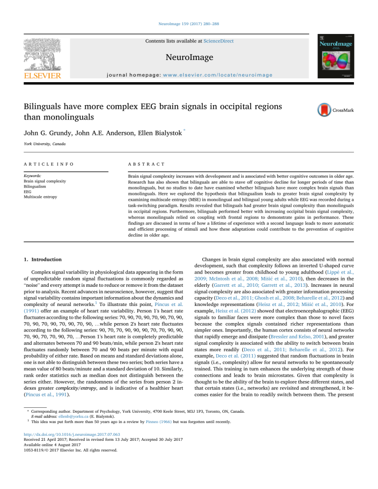 Bilinguals Have More Complex EEG Brain Signals in Occipital Regions