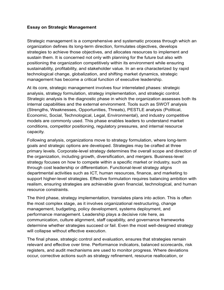 Essay on Strategic Management: Phases & Tools