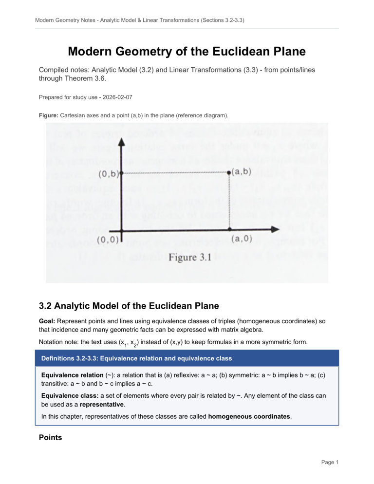Modern Geometry Notes: Analytic Model & Linear Transformations