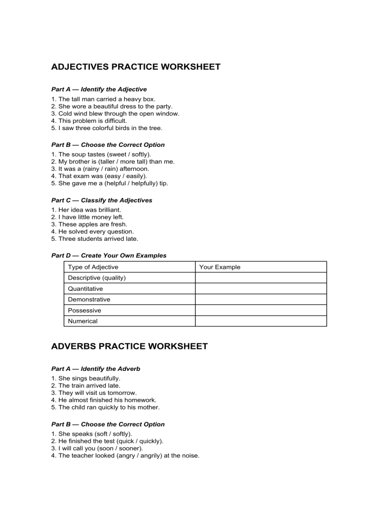 English Grammar Practice Worksheets: Adjectives, Adverbs, Prepositions ...