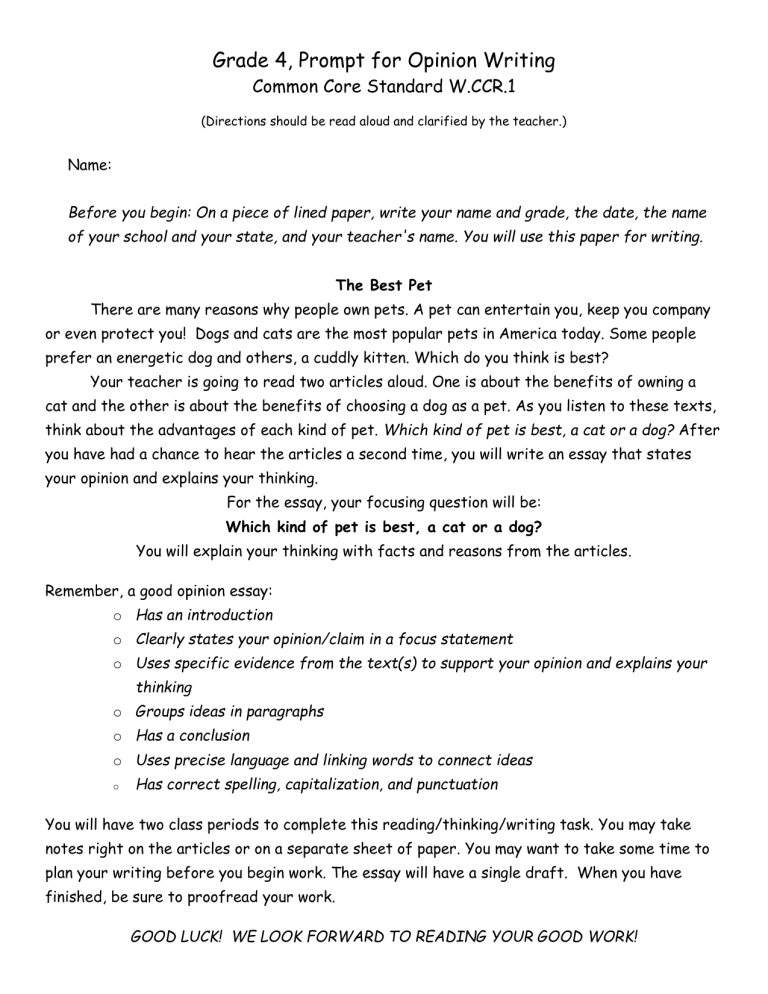 Grade 4 Opinion Writing Prompt: The Best Pet (Cat vs. Dog)