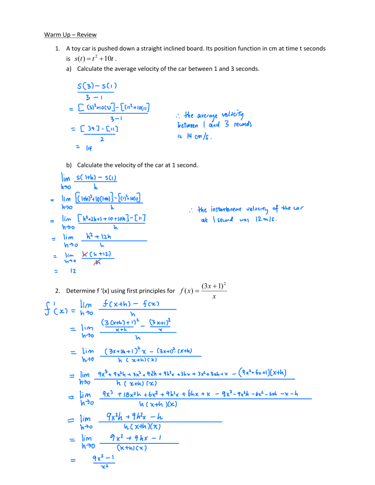 Calculus Warm Up Review: Velocity & Derivatives