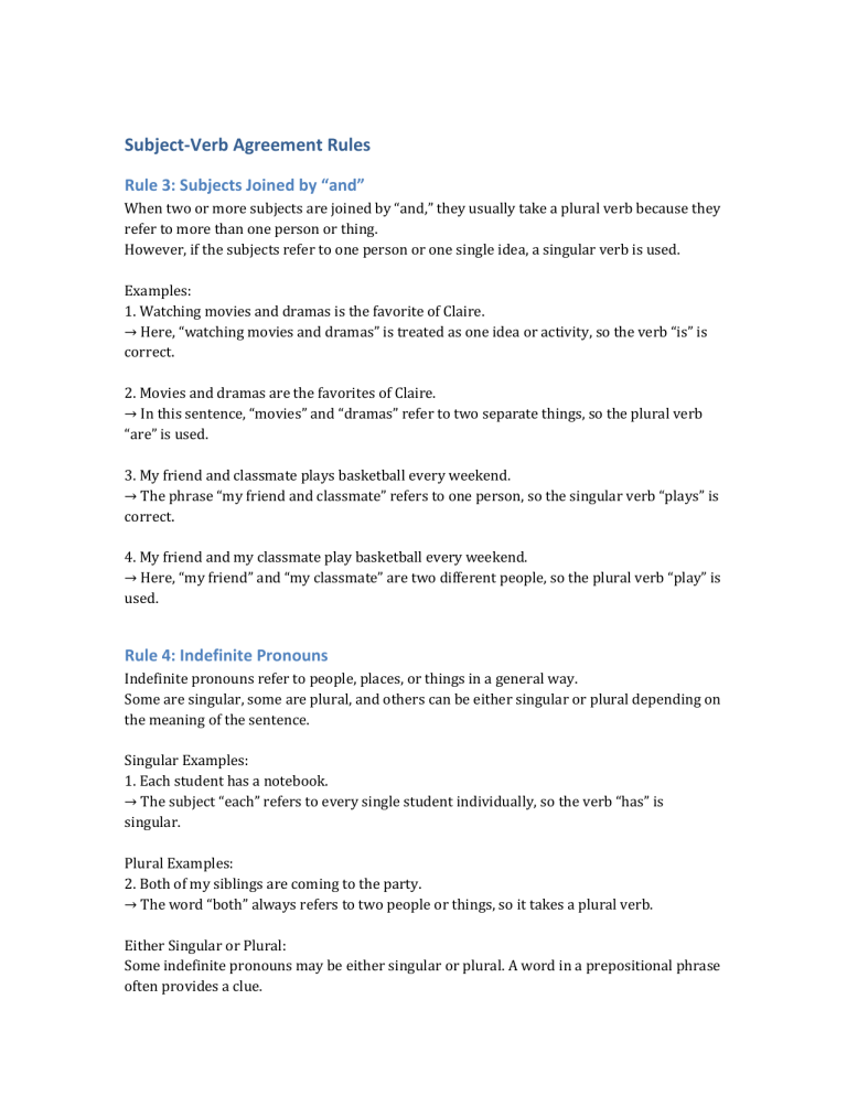 Subject-Verb Agreement Rules: And, Indefinite Pronouns, Between Words