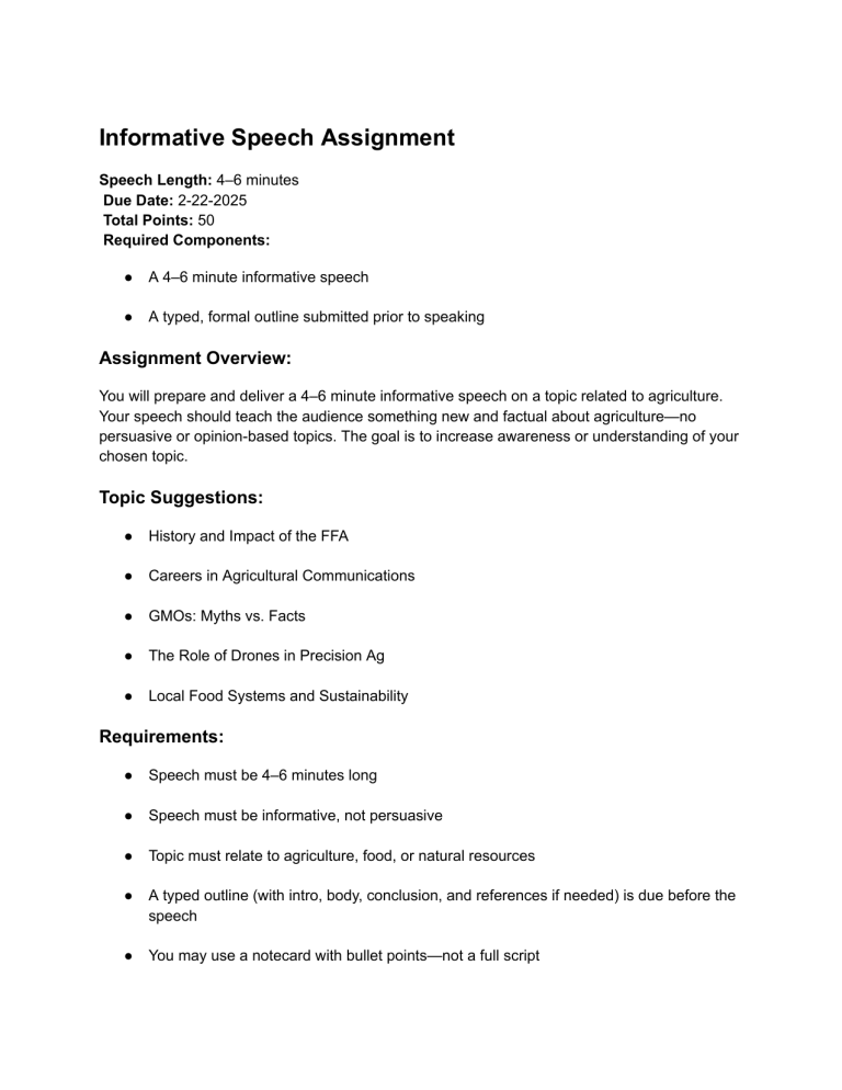 Informative Speech Assignment on Agriculture
