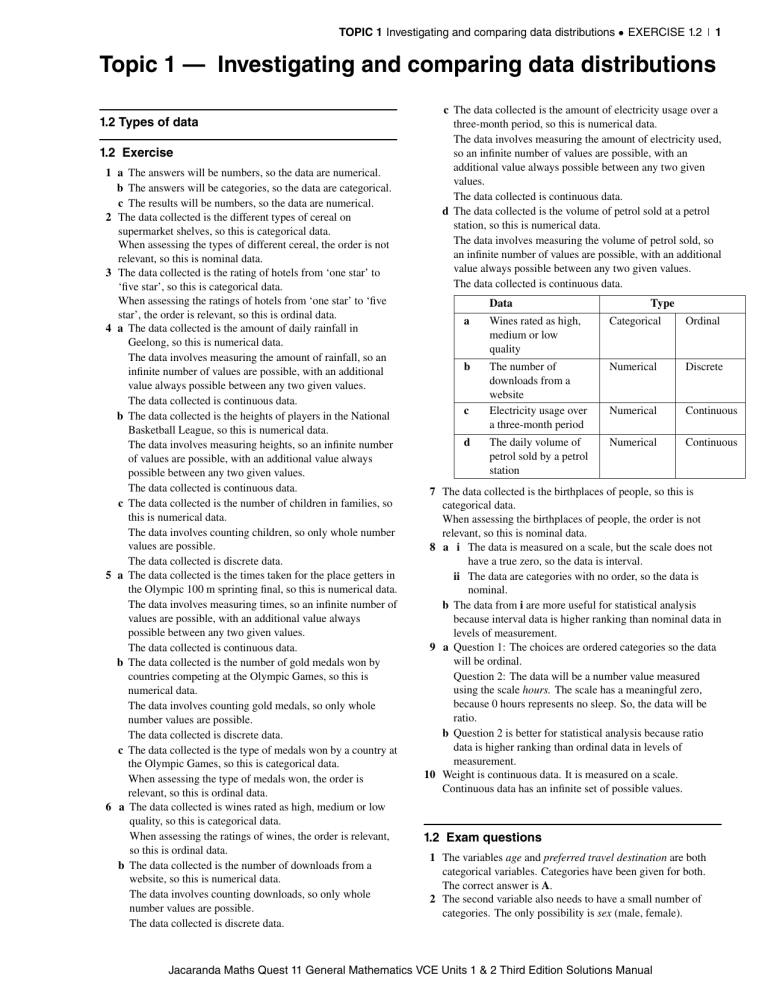 Maths Quest 11 VCE Topic 1 Data Distributions Solutions