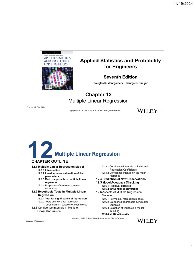 Chapter 12: Multiple Linear Regression - Applied Statistics for Engineers