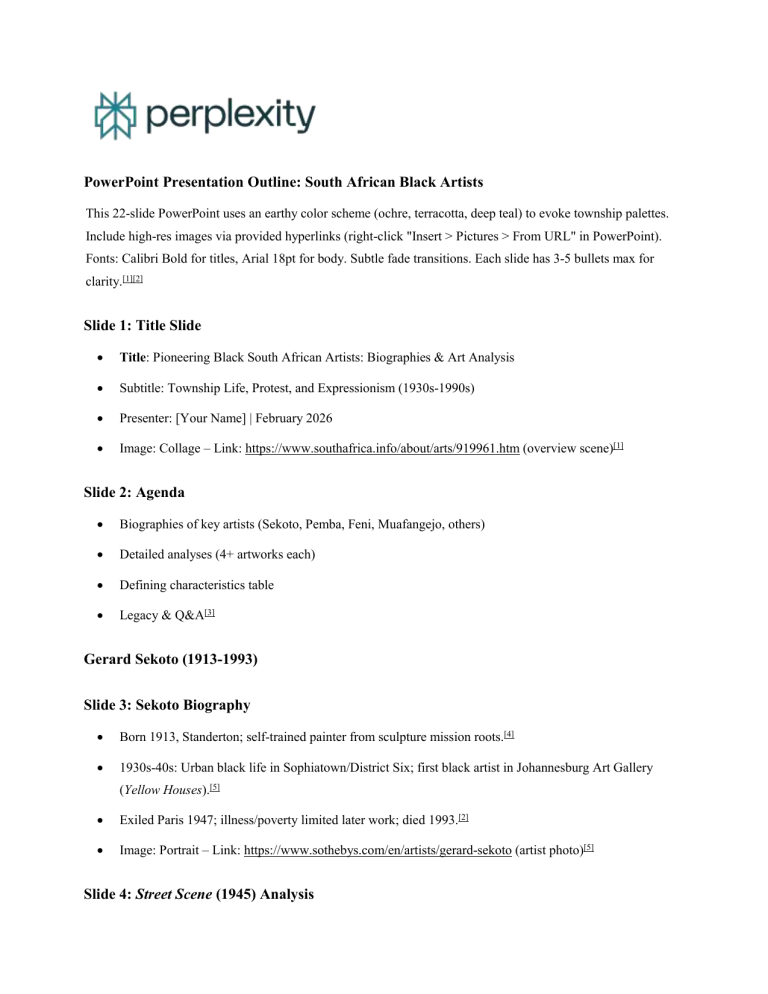 South African Black Artists: Art Analysis Presentation Outline