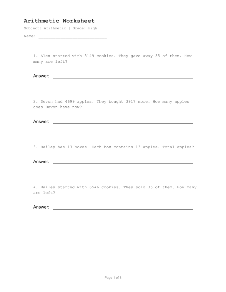 High School Arithmetic Worksheet