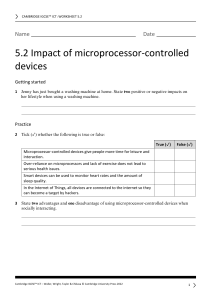 Cambridge IGCSE ICT Worksheet 5.1: Microprocessor Devices