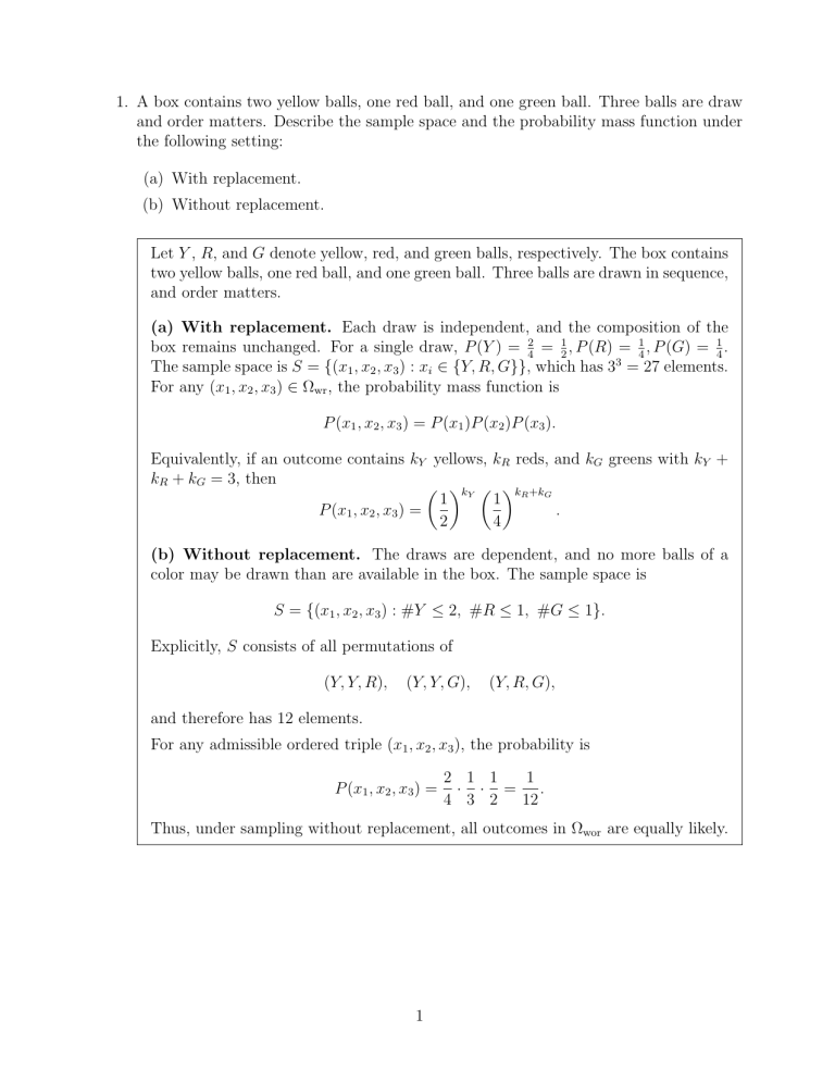 Probability Problems: Sample Space and PMF with/without Replacement