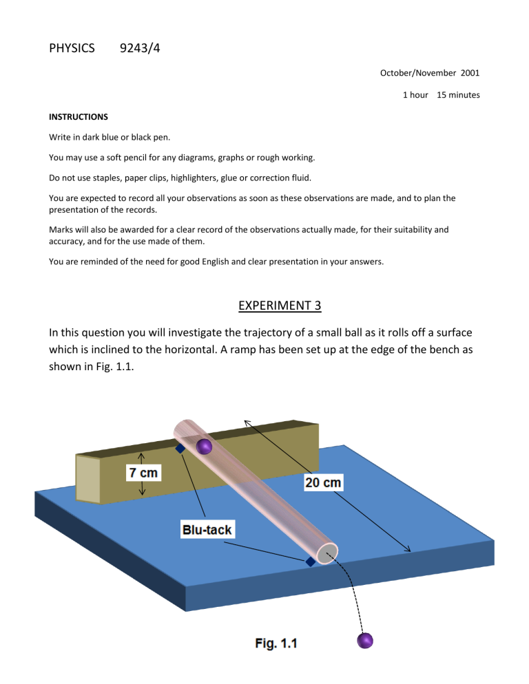 Physics Exam Paper: Projectile Motion Experiment