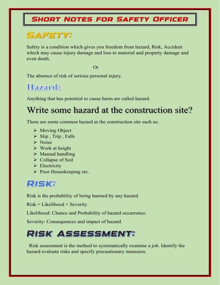 Short Notes for Safety Officer: Construction Hazards & Risk Assessment
