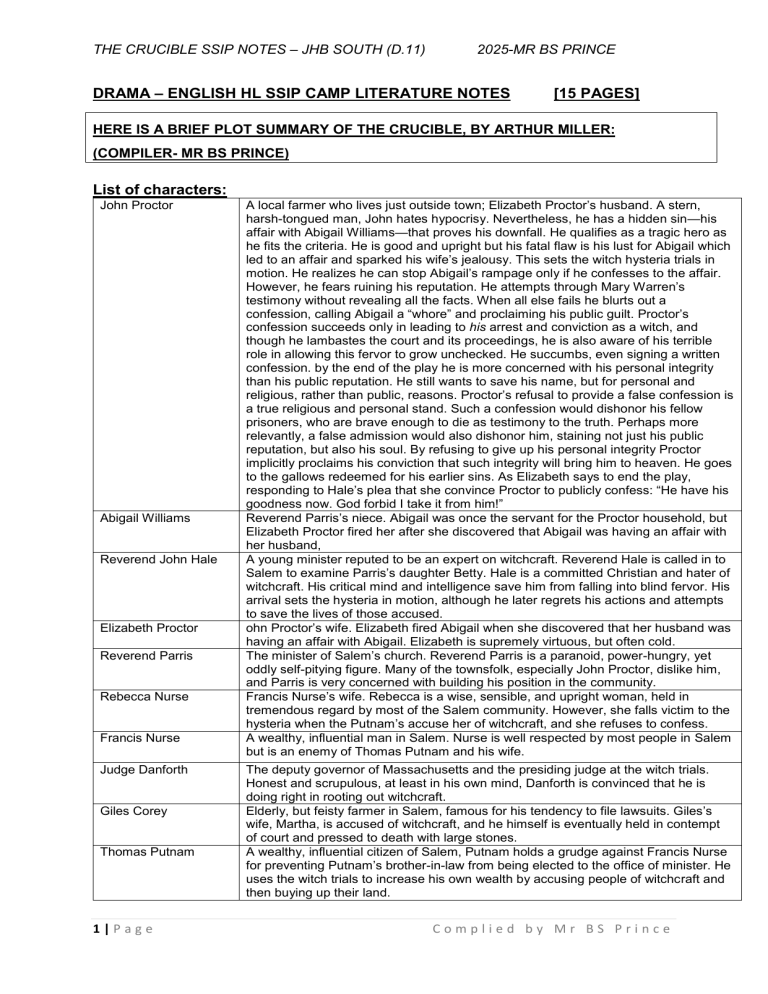 The Crucible Literature Notes Study Guide